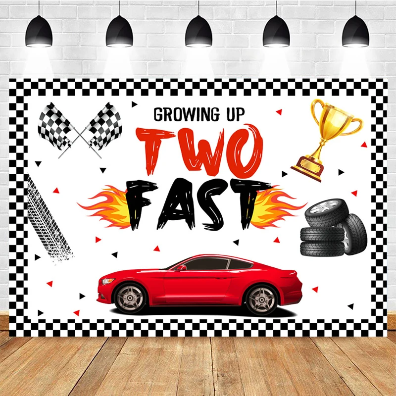 Race Car Birthday Backdrop Growing Up Two Fast Red Race Car Black White ...