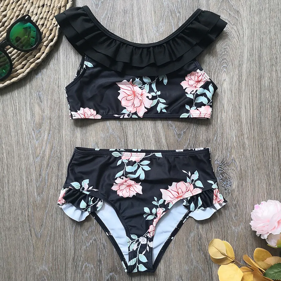 6-10 Years Girls Swimsuit Kids Swimwear Floral Girl Bikini Set Falbala ...