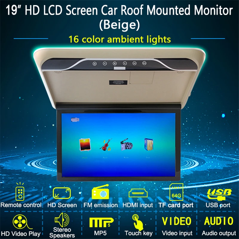 19 Inch HD Car Monitor Ceiling Mount Roof HD 1080P Video LED Screen ...
