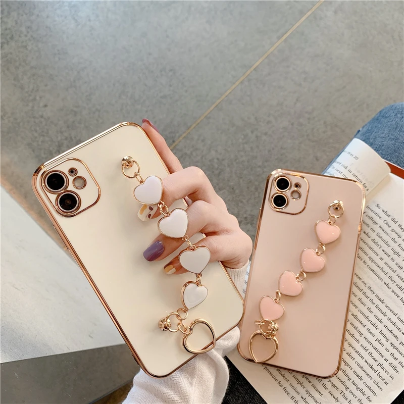 Luxury Plating Love Heart Chain Wrist Bracelet Soft Case For Iphone 12 ...