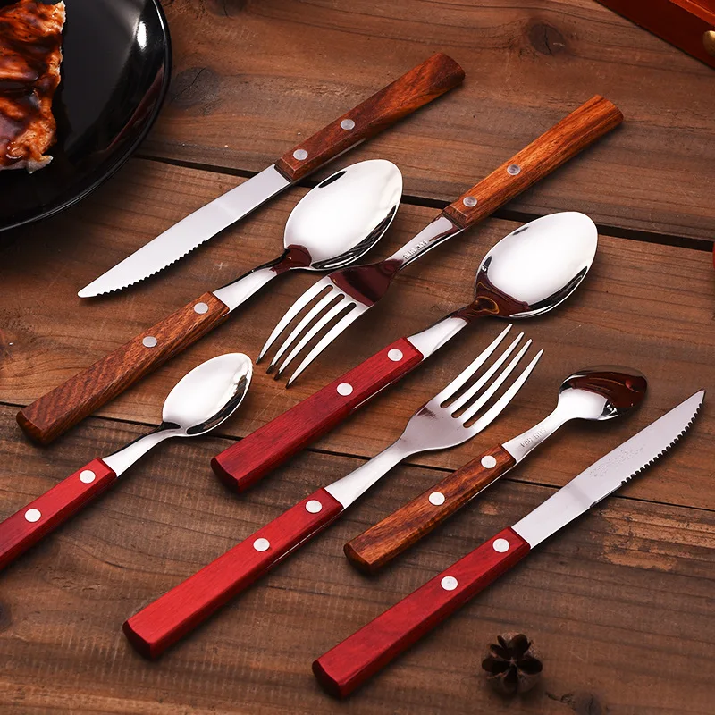 Fourchette,Ensemble de vaisselle en bois et acier inoxydable, 4 pièces ...