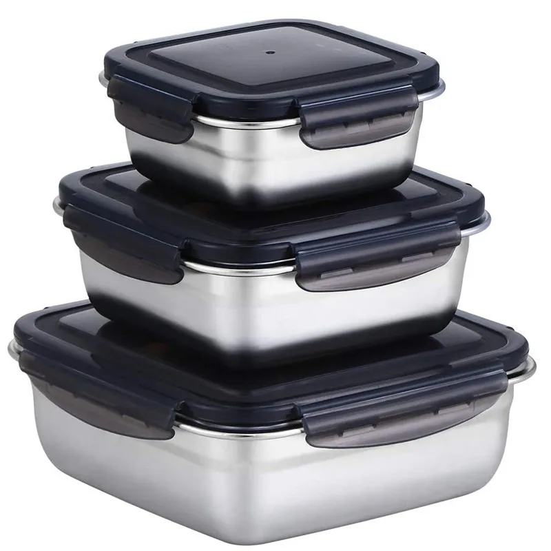 3 Pieces 304 Stainless Steel Square Food Storage Lunch Boxes Containers ...