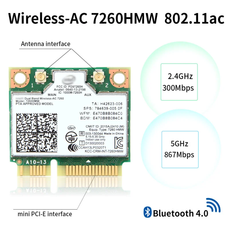 Dual Band Wireless Card Intel 7260 7260ac 7260HMW ac7260 Mini PCI-E 2.4G/5Ghz Wlan Bluetooth 4.0 ...