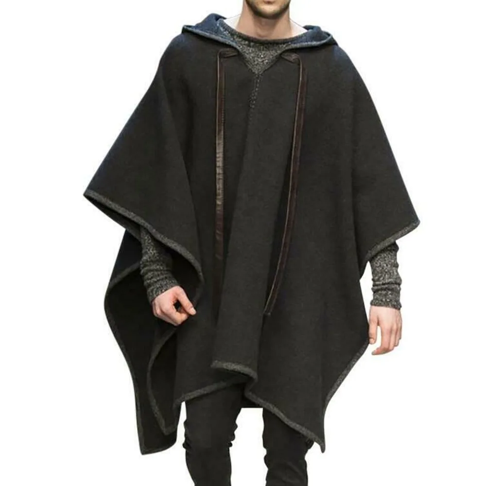 Men Irregular Hooded Wool Blend Woolen Cloak Cape Batwing Pullover ...