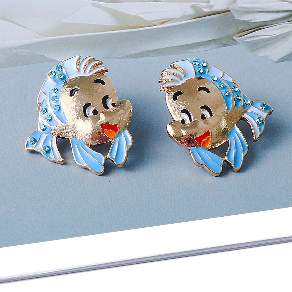 New Cute Cartoon Fish Earrings Blue Rhinestone Cartoon Earrings crystal ...