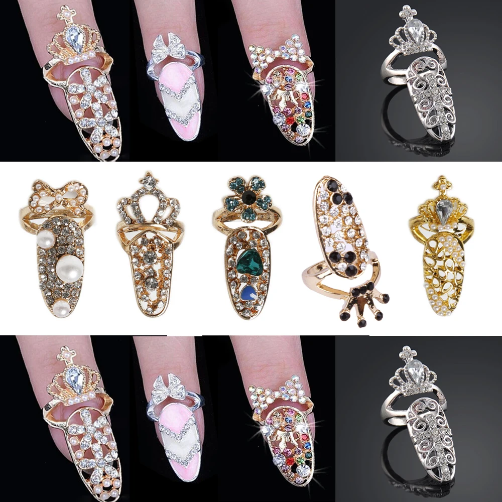 Corona-brillante-Bowknot-Fingernail-Art-Midi-anillo-de-punta-de-dedo ...