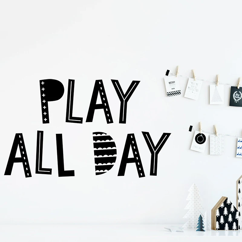 Scandinavian Play All Day Quote Wall Sticker Playroom Kids Room Scandi ...