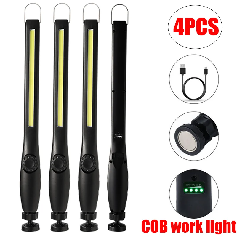 1/2/4 Pack COB LED Work Light Strip Light USB Rechargeable Flashlight ...