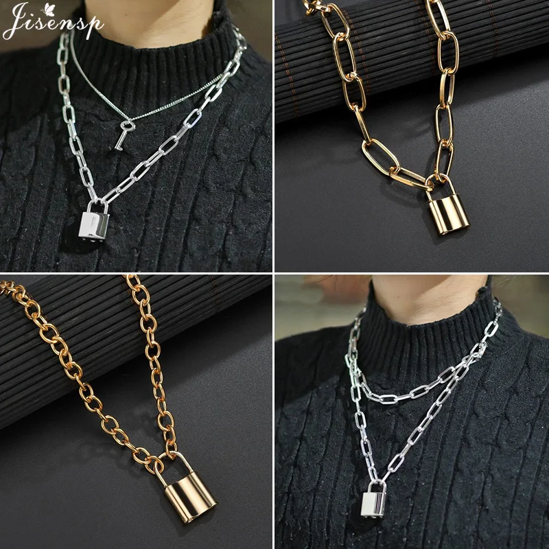 Jisensp Layered Punk Chain Necklace Lock Pendant Necklace Women Choker ...
