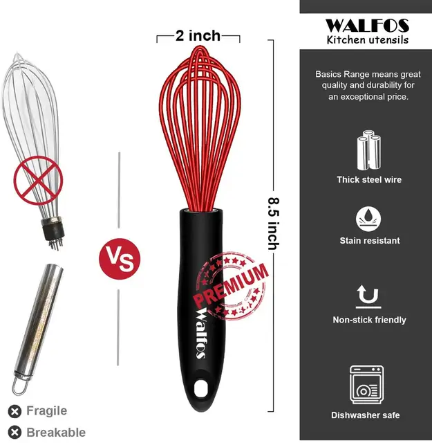 Walfos 8.5" Red Silicone Whisk Stainless Steel Wire Whisk Heat ...