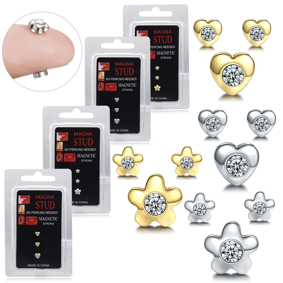 3Pcs/lot Punk Magnetic Piercing Stainless Steel Heart/Star Ear Stud ...