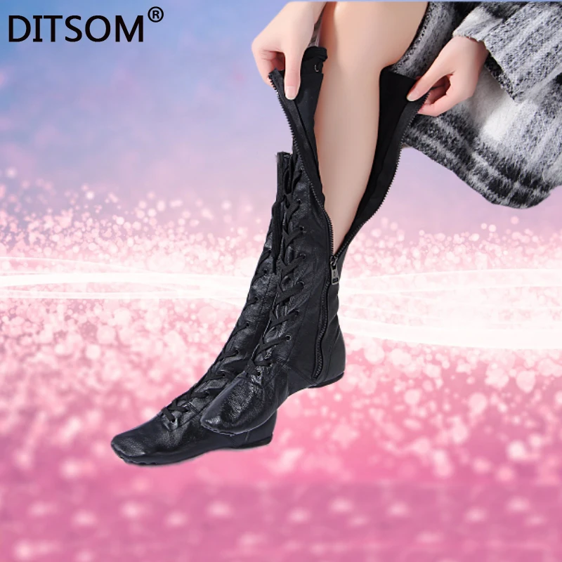 Genuine-Leather-High-Dance-Boots-For-Girls-Side-Zip-Ballet-Yoga-Fitness ...