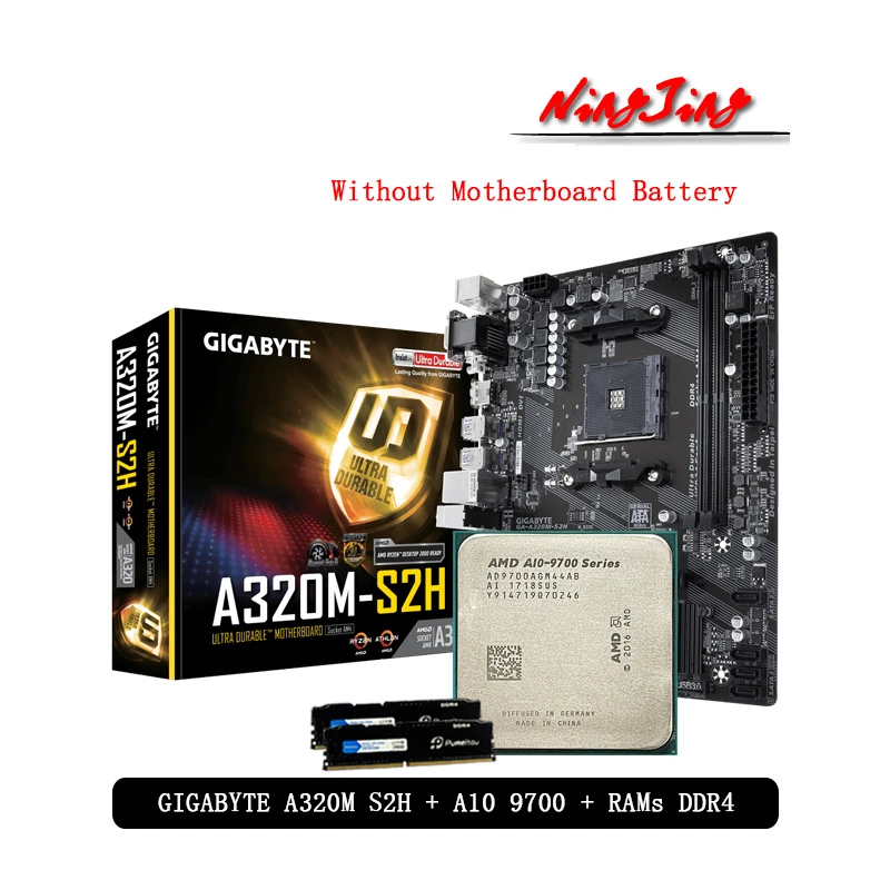 AMD A10 Series A10 9700 CPU + 기가 바이트 GA A320M S2H 마더 보드 + Pumeitou DDR4 2666MHz 램 슈트 소켓 AM4 쿨러 ...