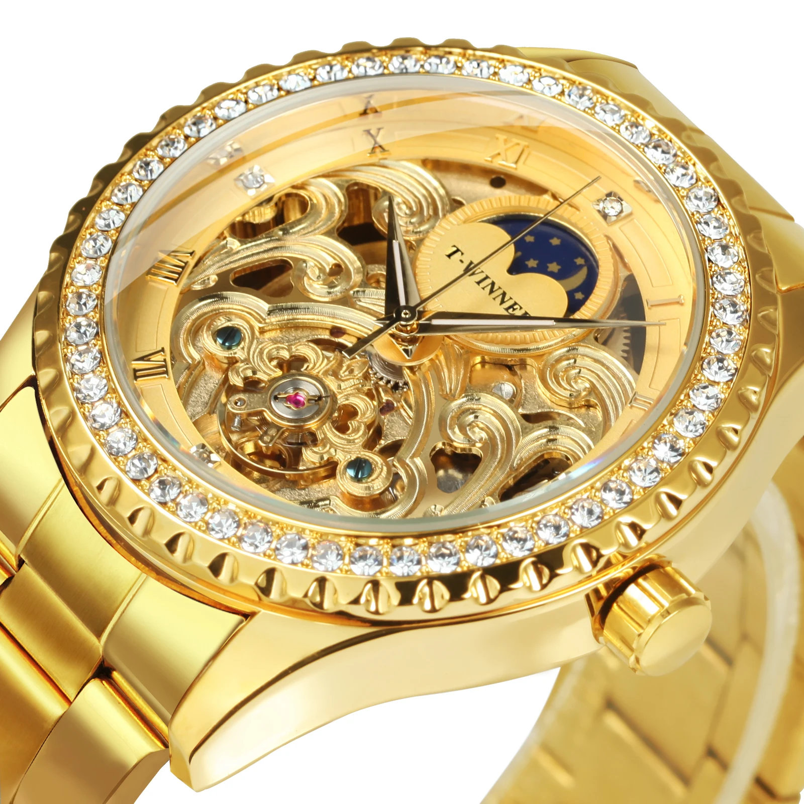 WINNER Gold Skeleton Tourbillon Automatic Watch for Men Fashion Diamond ...
