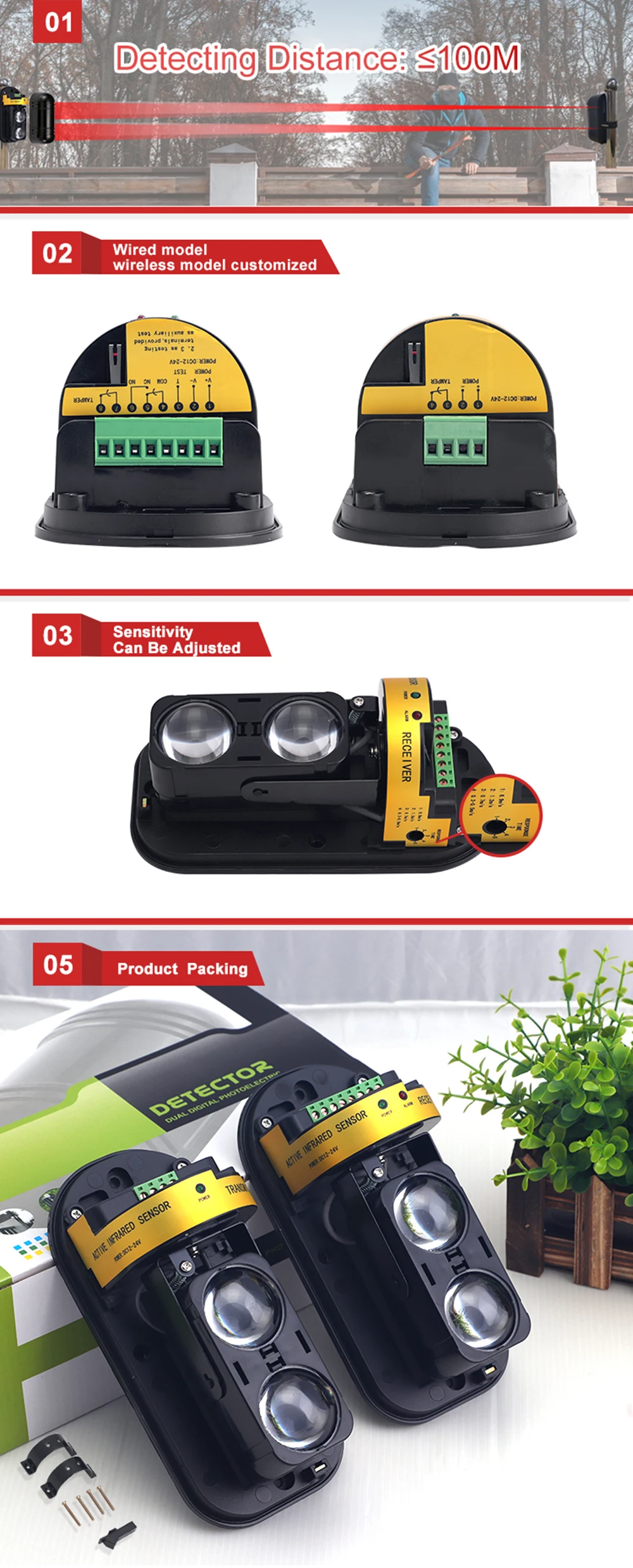 GSM Alarm Use 1m~150m Wall Gate Window Photoelectric Infrared Double Beam Detector Perimeter ...