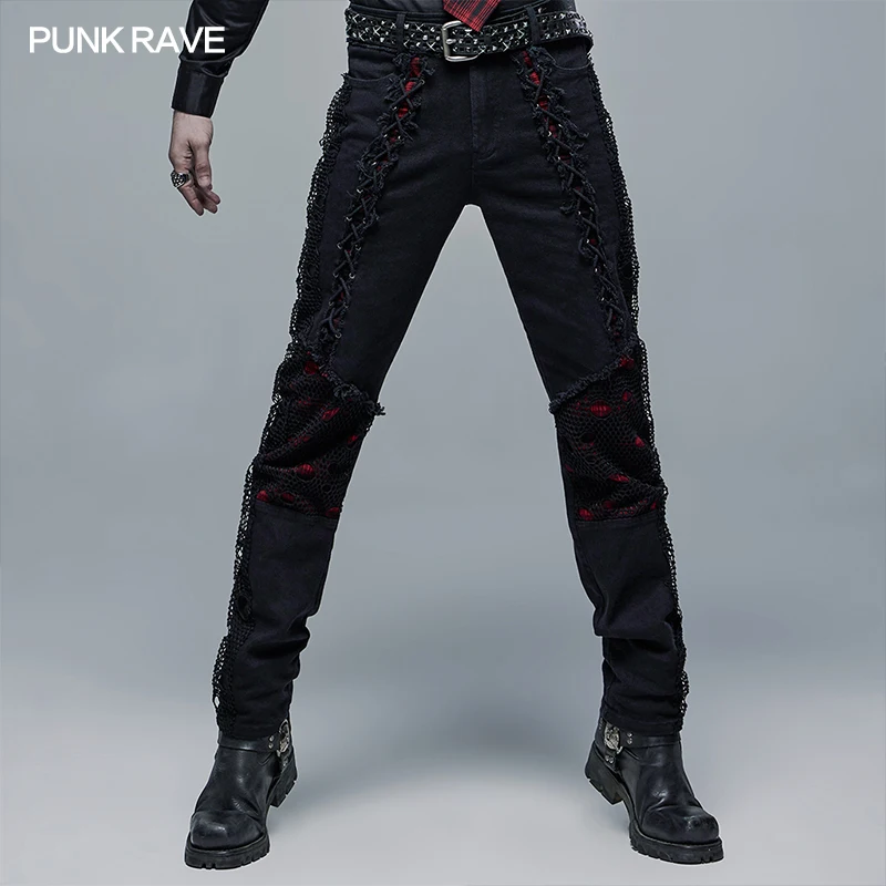 PUNK RAVE Men's Punk Elastic Woven Decadent Long Pant Uniqueness Mesh ...