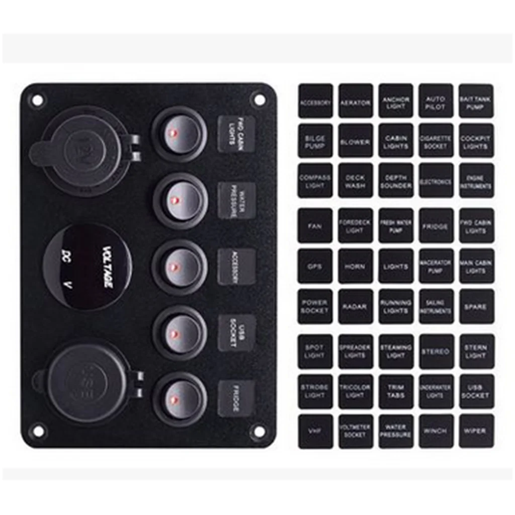 5 Gang Rocker Switch Panel W/ Digital Voltmeter+12V Power Socket ...