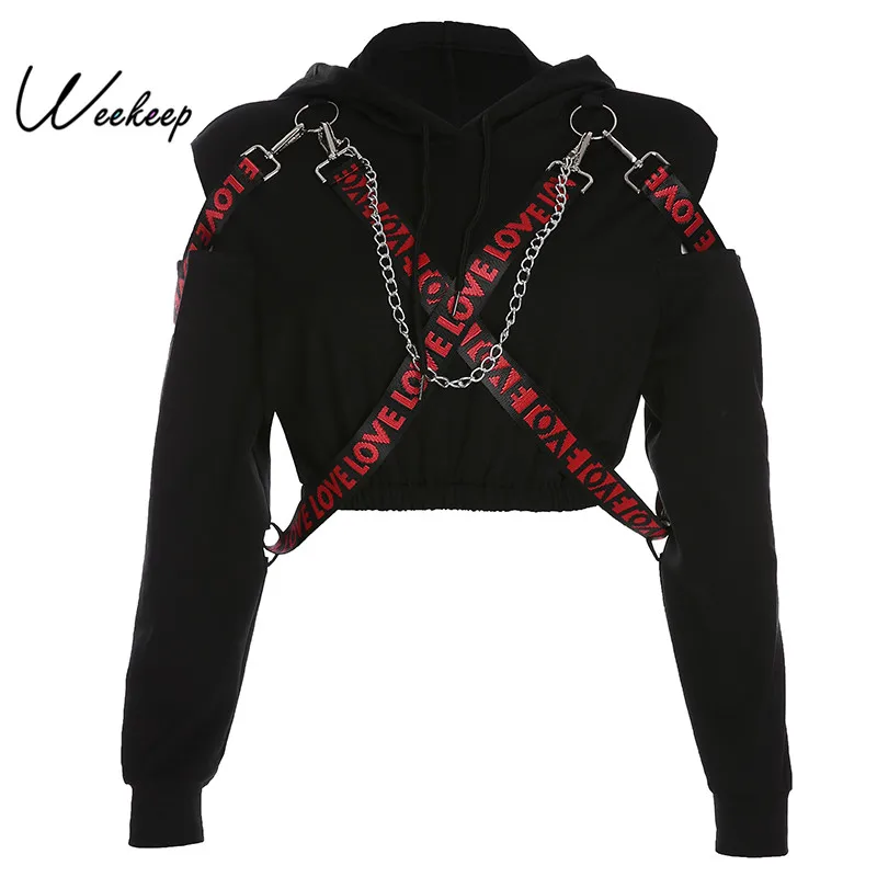 Weekeep Metal Chain Patchwork Hoodies Women Hooded Streetwear Pullover ...