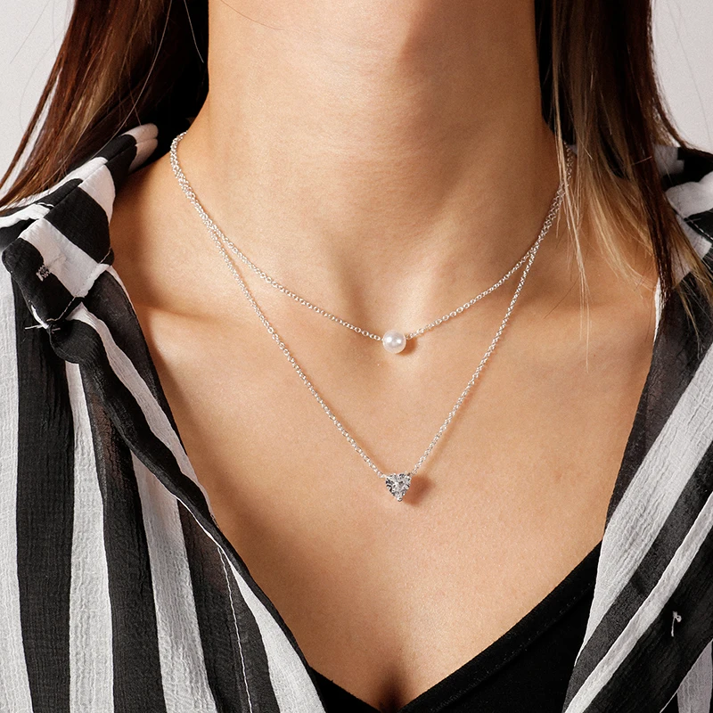 Korean-Pearl-Crystal-Heart-Necklaces-Gold-Silver-Color-Multi-Layer ...