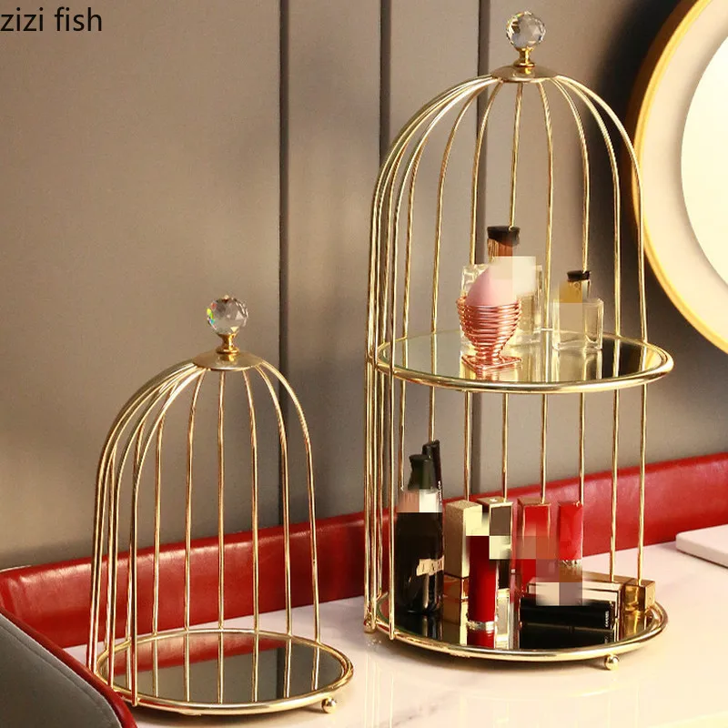 Glass Mirror Metal Bird Cage Storage Rack Home Desktop Skin Care ...