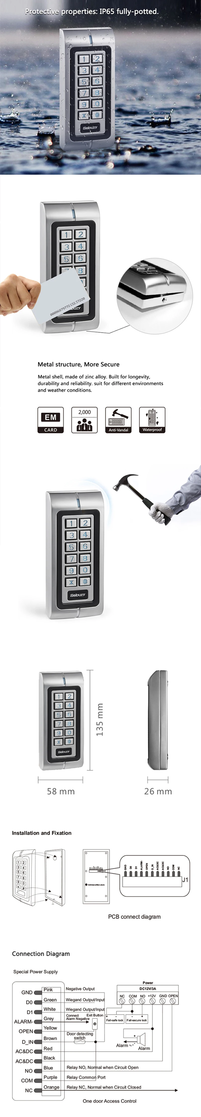 Sebury W1-C Metal waterproof Keypad&RFID access controller Reader 2000 ...