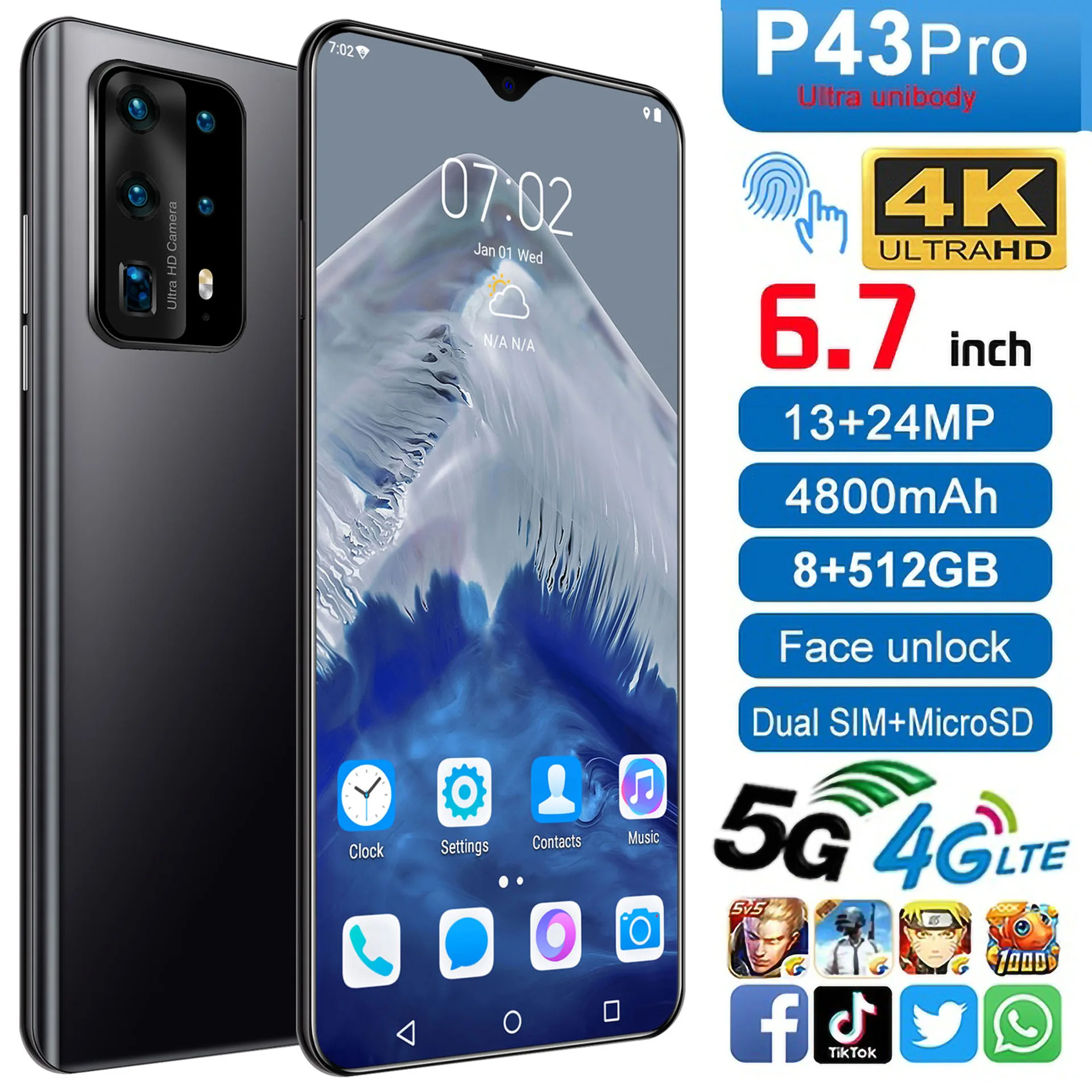 P43 Pro Smartphone Android 9.0 8GB RAM 128GB ROM 3000mAh MTK6580P Octa ...