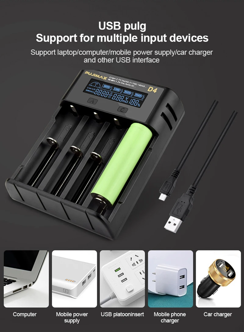 急速充電器リチウムイオン電池 21700,26650,18650バッテリー2本用 5V2A マイクロUSBケーブル アダプター 2A対応 Quick Charge1.0ランプでチャージ表示 ...