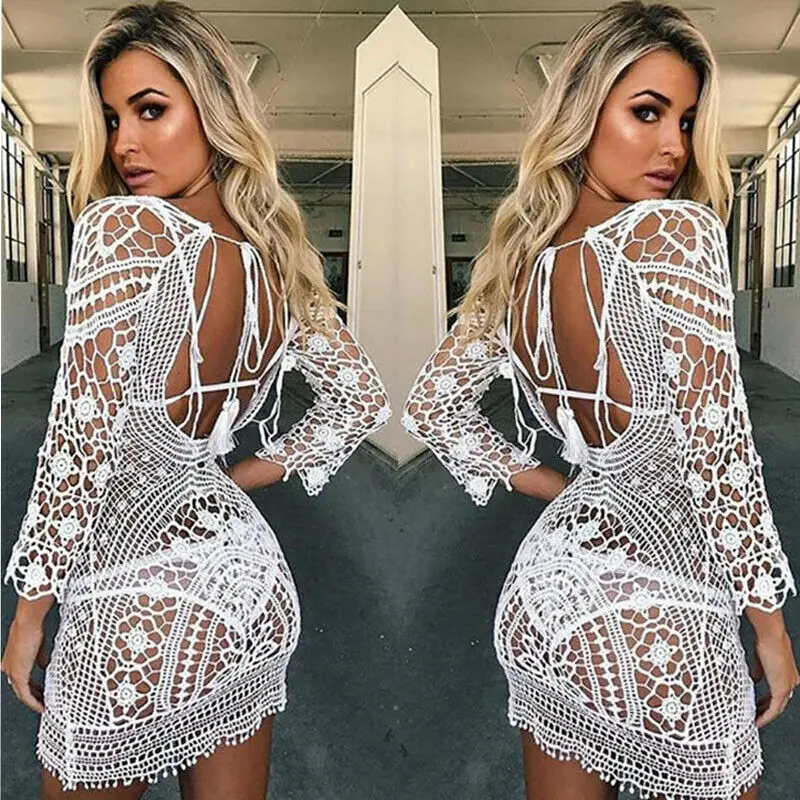 Swimsuit cover women white lace tunic beach dress clothes backless ...