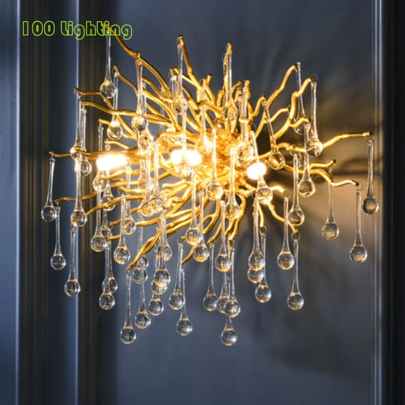 Unique Branch Crystal Water Drop Wall Lamp G9 LED Gold Parlor Bedroom ...