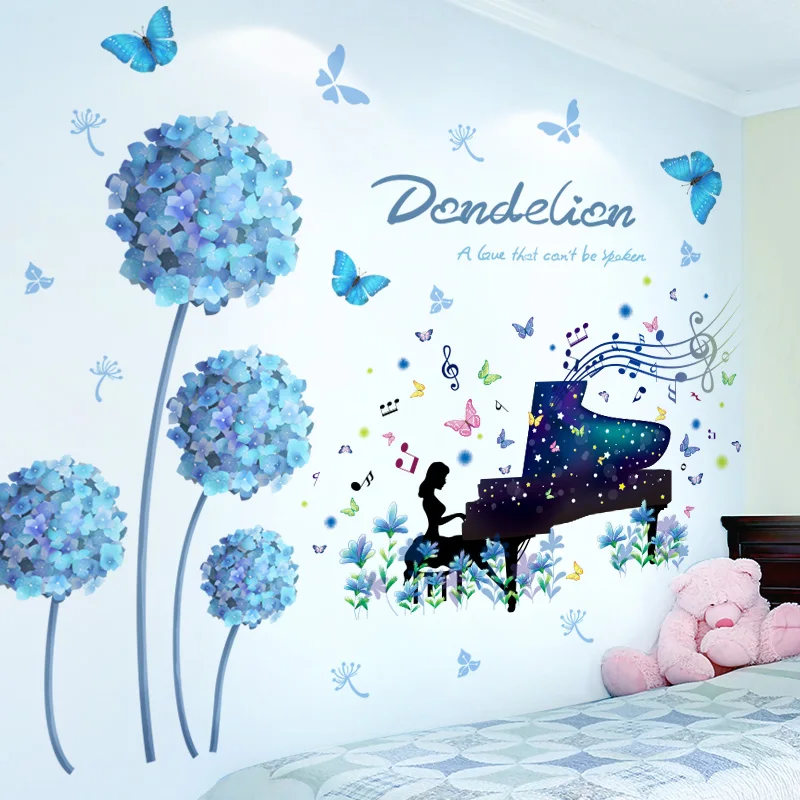 [shijuekongjian] Piano Girl Wall Stickers DIY Flower Plants Mural ...