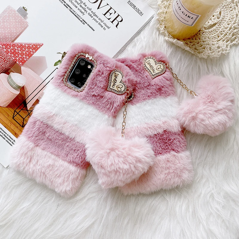 Love Heart Pendant Rabbit Furry Case For Samsung S21 Ultra Note 20 10 ...
