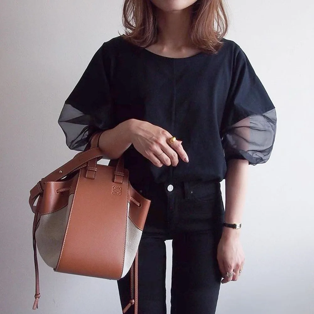 Japanese-Style-Women-Black-Shirt-Summer-Lantern-Half-Sleeve-Mesh-Tops ...