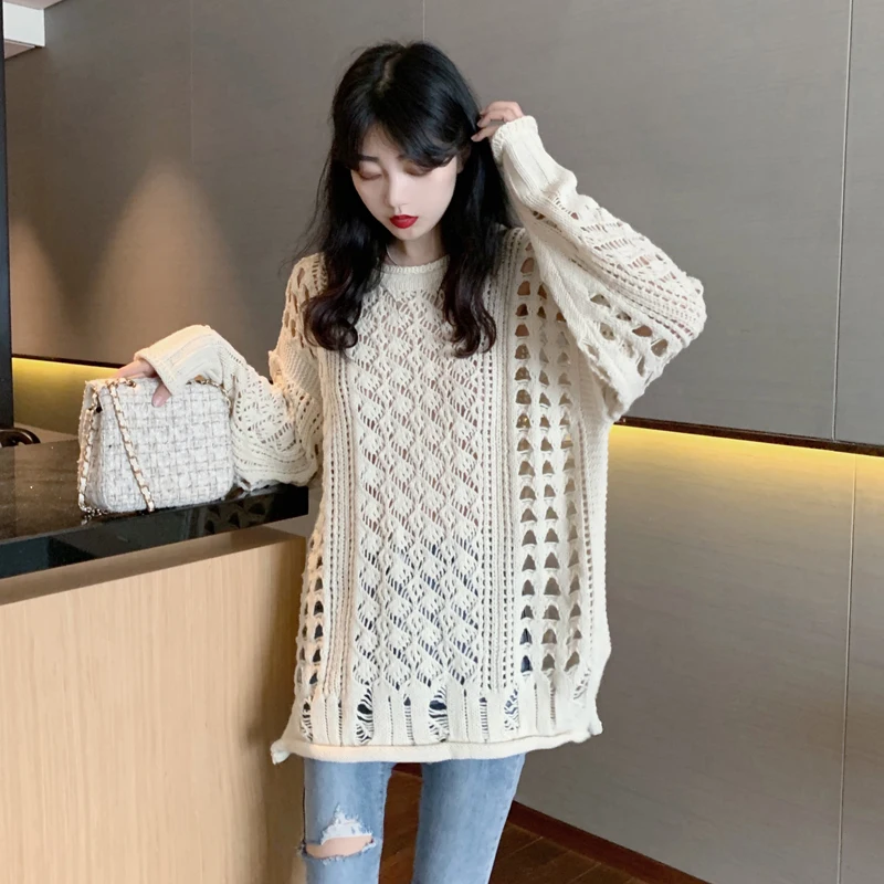 Casual hollow out tops de punto suéter fino otoño ropa mujer suelta ...