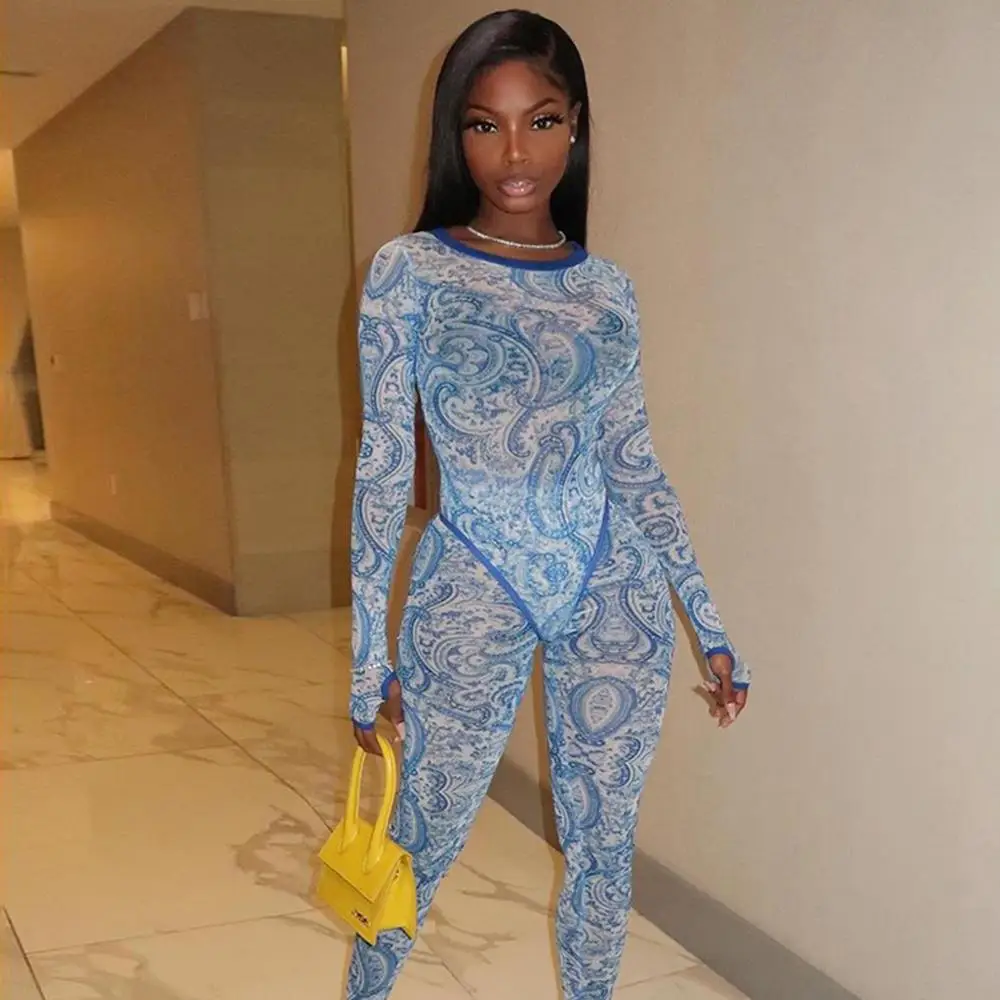 Women-Two-Piece-Set-Outfits-Sets-See-through-Pattern-Print-Mesh-Long ...