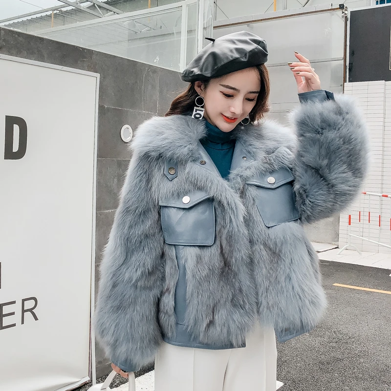 Casaco de pele de raposa real feminino, jaqueta de inverno de pele de carneiro, roupas femininas ...