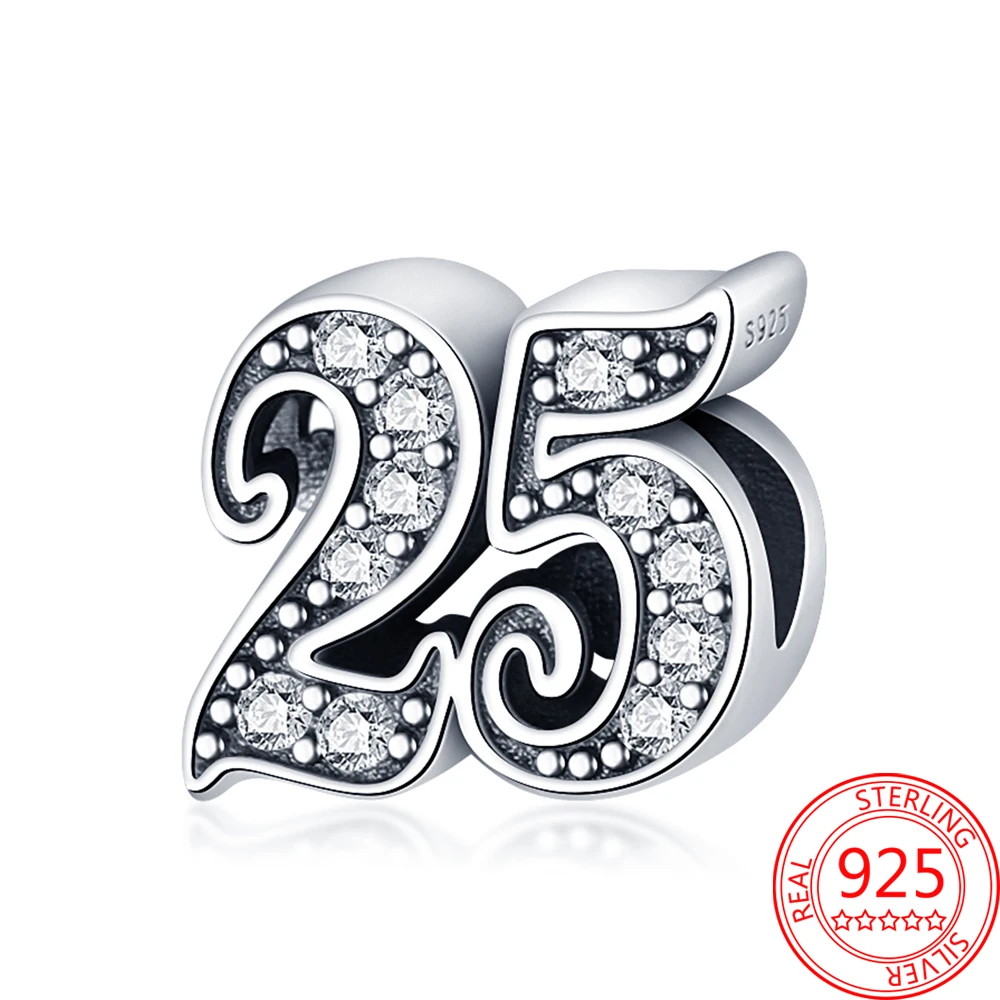 Age Number Charm Original 925 Sterling Silver CZ Number 25 Beads Fit ...