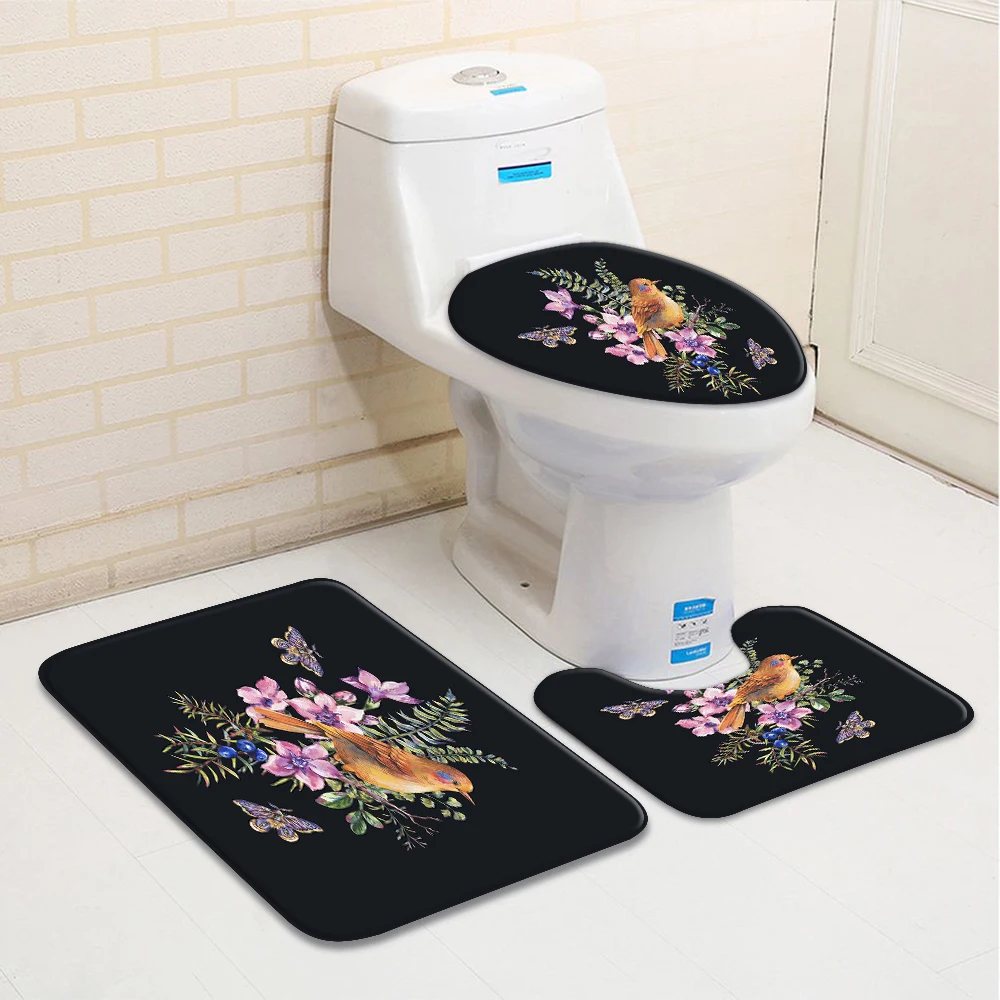 Cartoons-Flowers-Plant-Bird-Natural-Scenery-3-Pieces-Toilet-Cover-Non ...