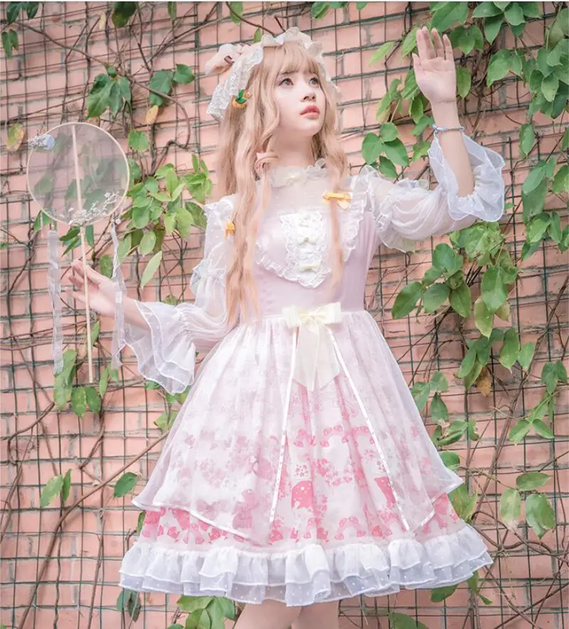 Cute-Kawaii-Lolita-Sakura-Print-OP-Long-Sleeve-Dress-Pink-Princess ...
