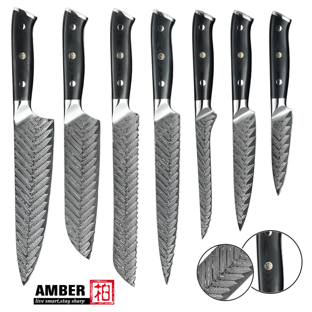 Amber Aus-10 Black G10 Handle Ladder Pattern Damascus Knife 67 Layers ...