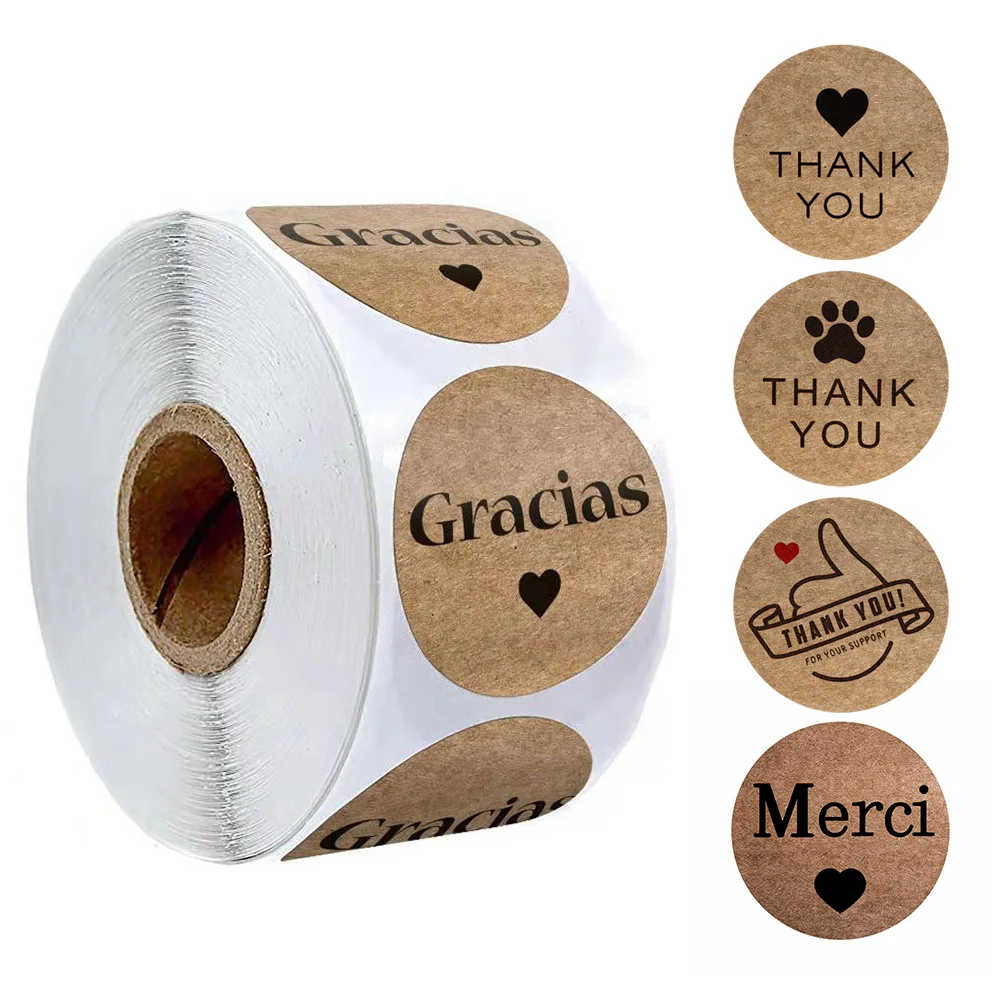 500Pcs/Roll Kraft Paper Spanish Gracias Thank You Sticker Labels For ...