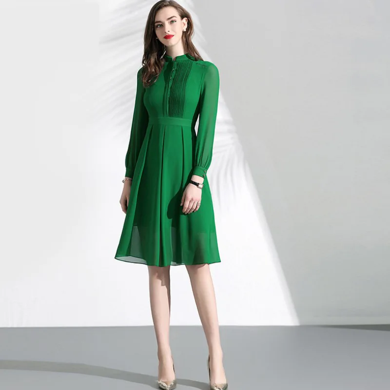 Green-high-grade-slim-big-swing-dress-2023-autumn-new-long-sleeved-pleated-waist-women-s.jpg