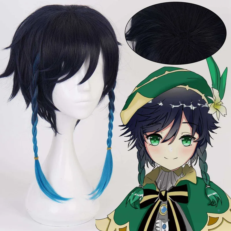 Game Genshin Impact Venti Gradient Blue Short Cosplay Braided Wig ...