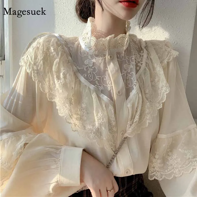 Fashion Ruffled Autumn Lace Up Women Blouses Stand Collar Ladies Tops ...