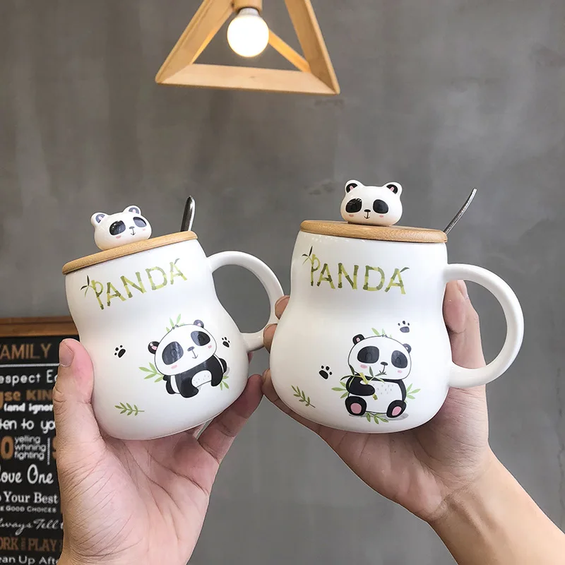 Cute Cartoon Panda Ceramics Mug 400ml With Lid And Spoon Coffee Mugs ...