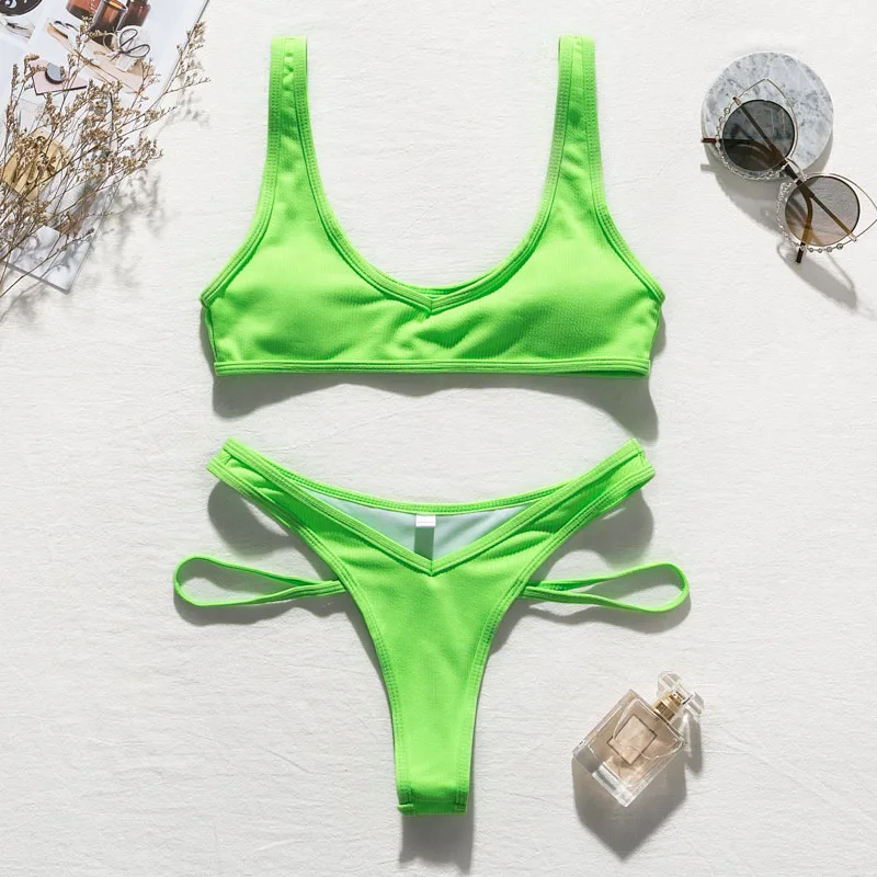 Неоновый зеленый бикини 2019 mujer bathers сексуальные стринги ...