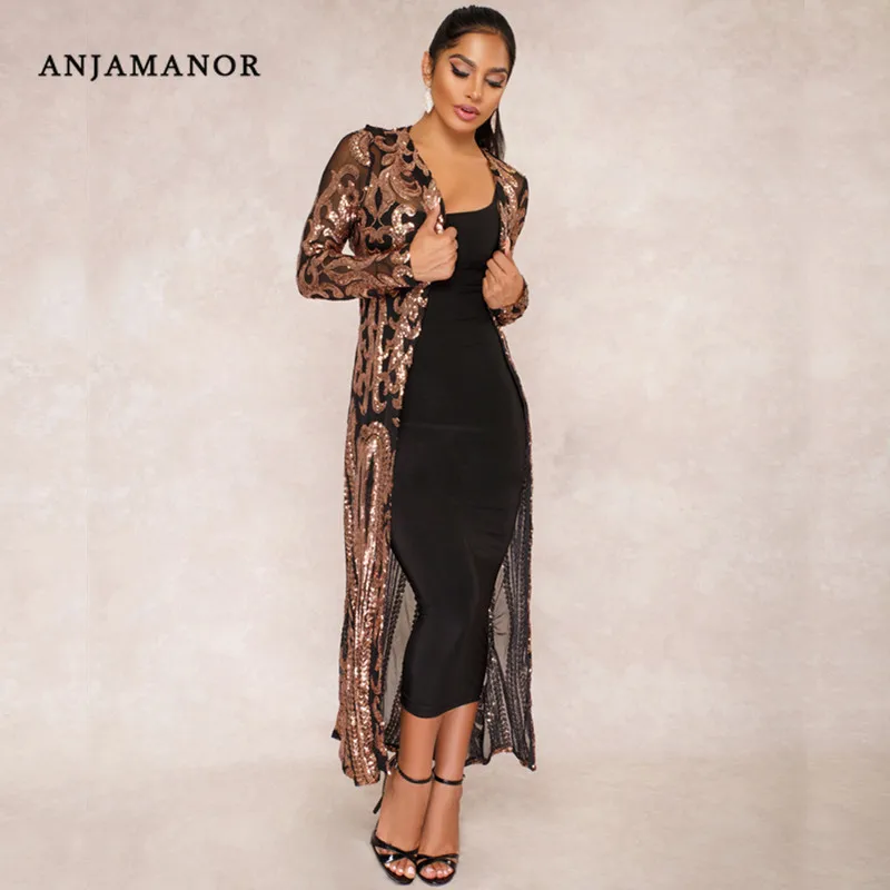 ANJAMANOR, длинный рукав, вышитый блестками Топ, кимоно, Женские топы и ...