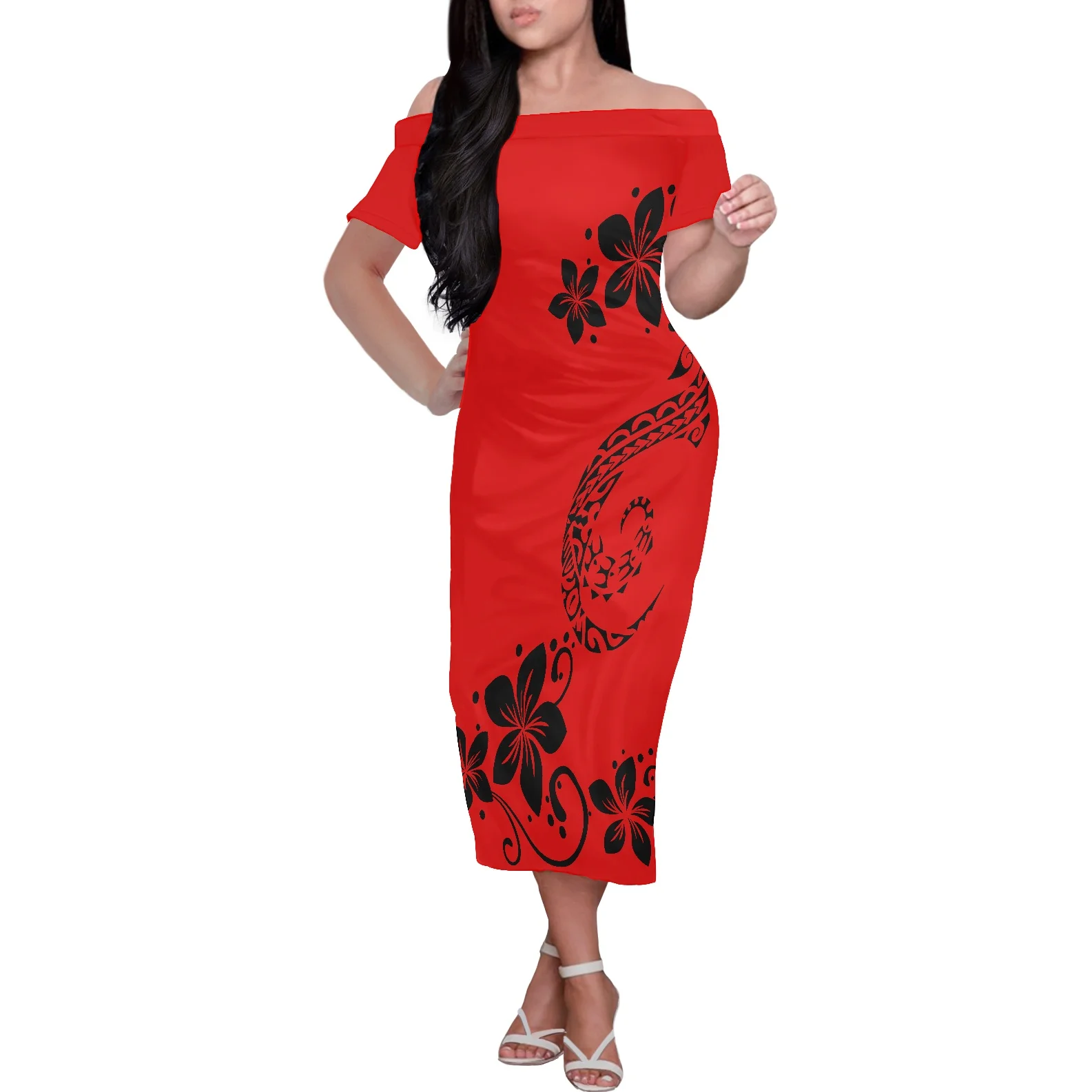 Red Ladies Gowns Sexy Fashion Polynesian Samoan Plumeria Print Women ...