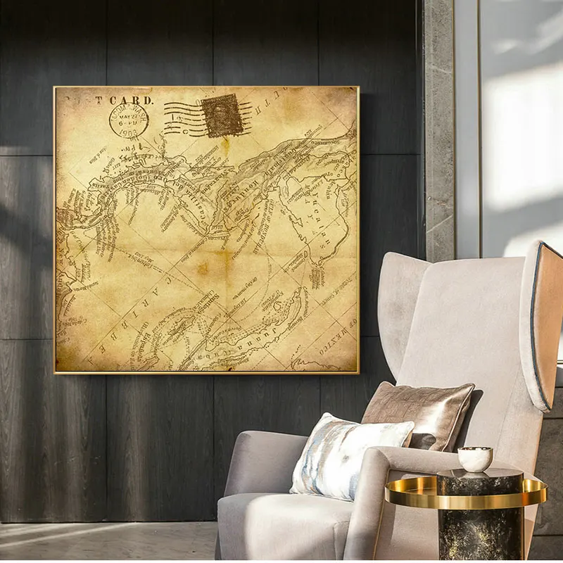 Pintura en lienzo de mapa Vintage, pinturas de mapa de Arte Antiguo ...