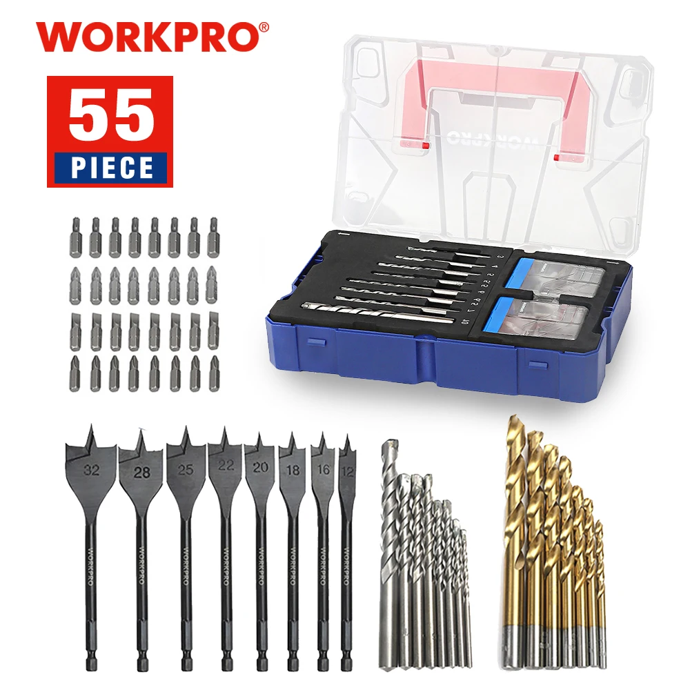 WORKPRO 55 Piece Combined Drill Bit Set Masonry Drill Bits HSS Drill ...