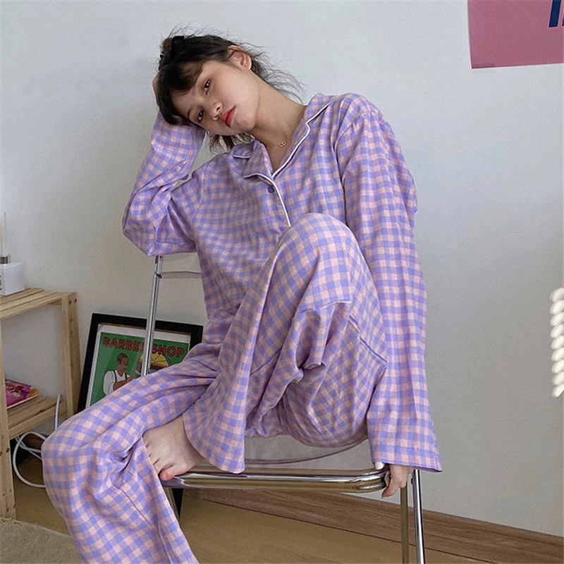 2021 Korean Purple Grid Girls Pajamas Set Cute Long Sleeve Leisure ...